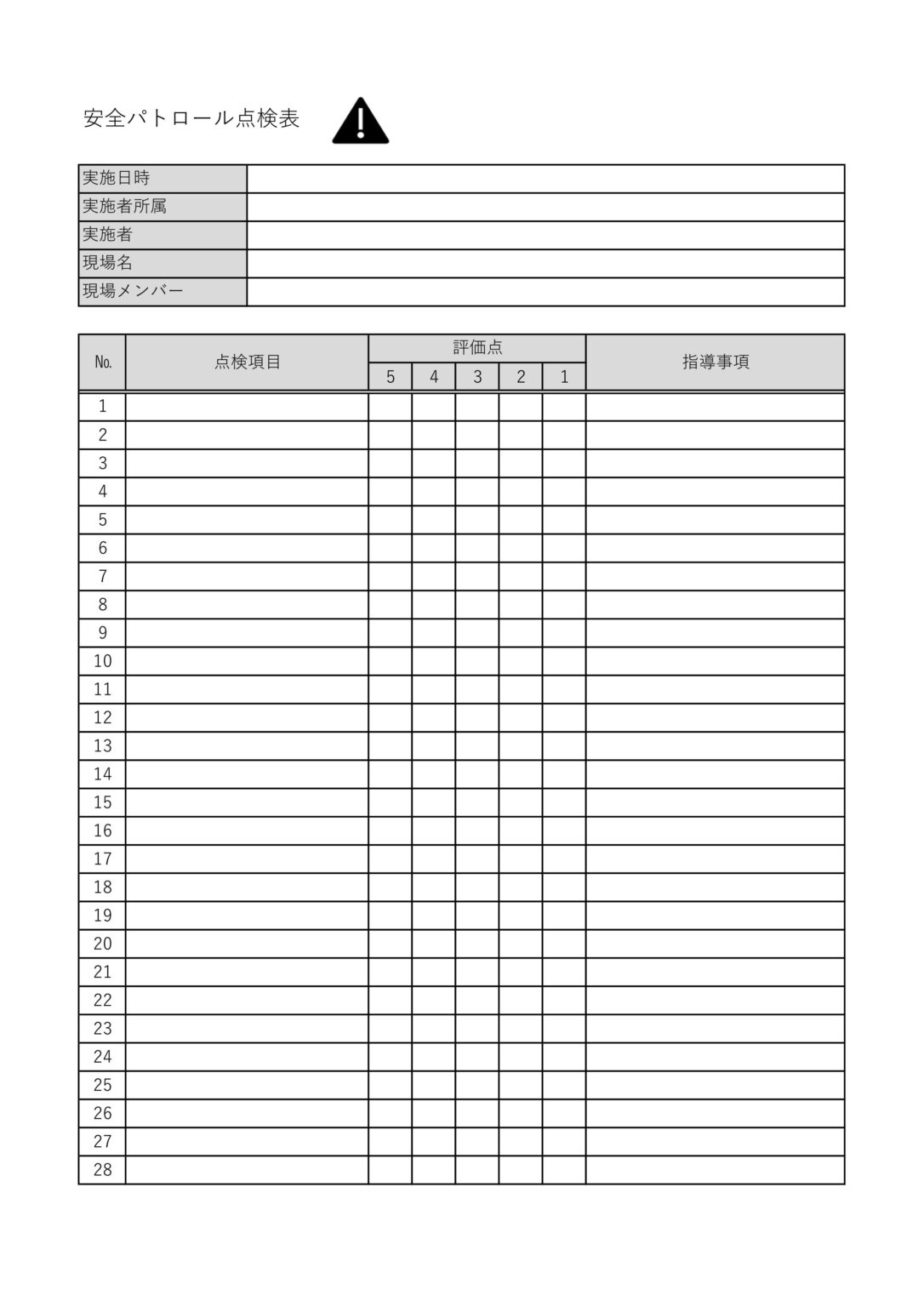 安全パトロール点検表のテンプレートとなり見本やサンプル項目は編集する事がwordとexce